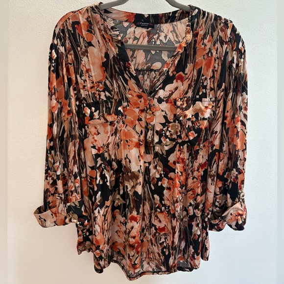 Cocomo | Tops | Cocomo Orange And Black Floral Vneck Blouse 2x | Poshmark
